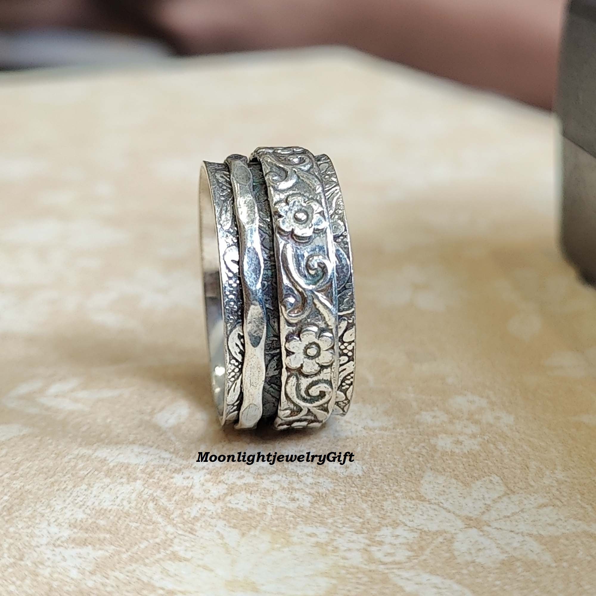 Leaves & Flower Design Spinner Ring, Boho Ring, 925 Sterling Silver ...