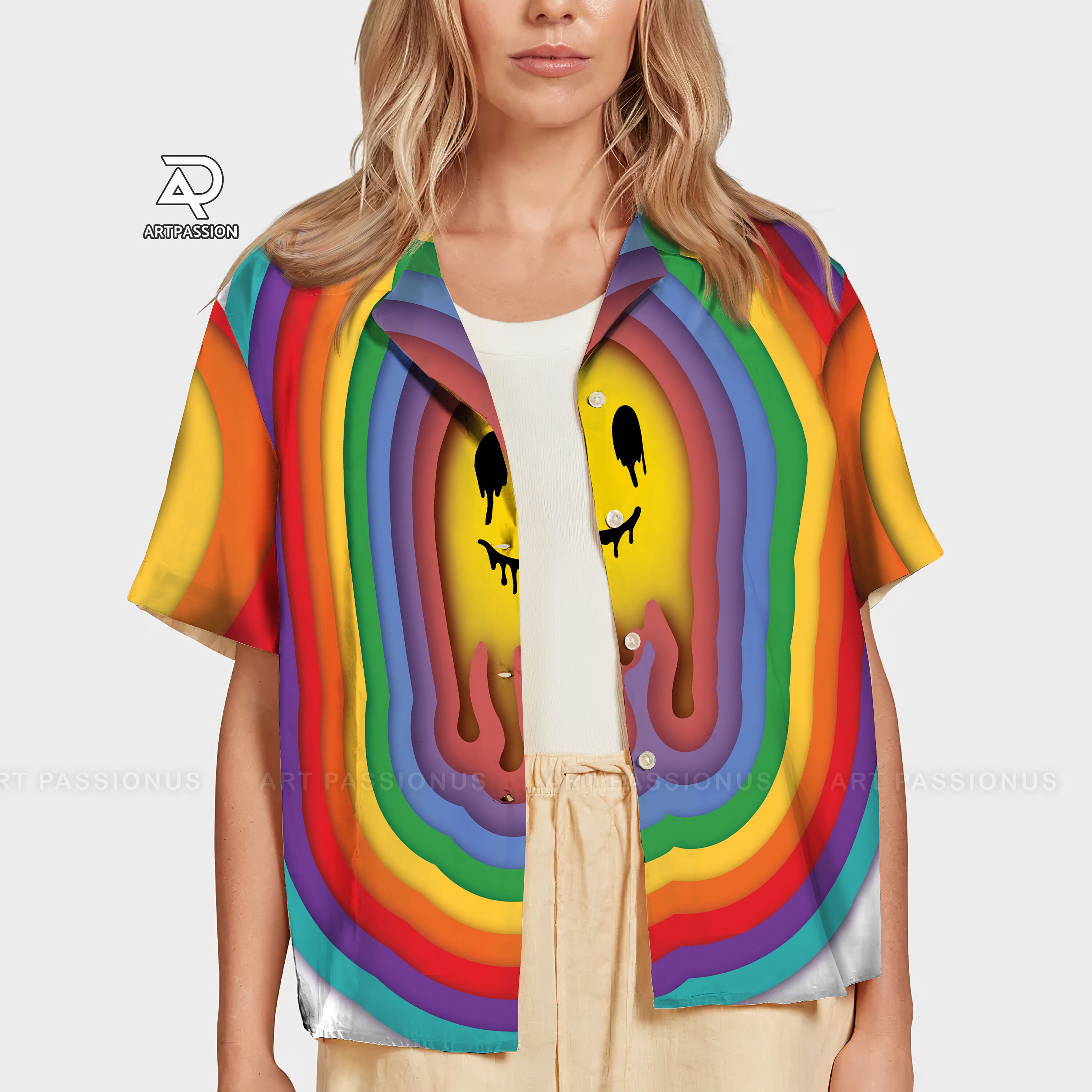 Funny Dripping Smiley Face Hawaiian Shirt, Melting Smiley Face Button ...