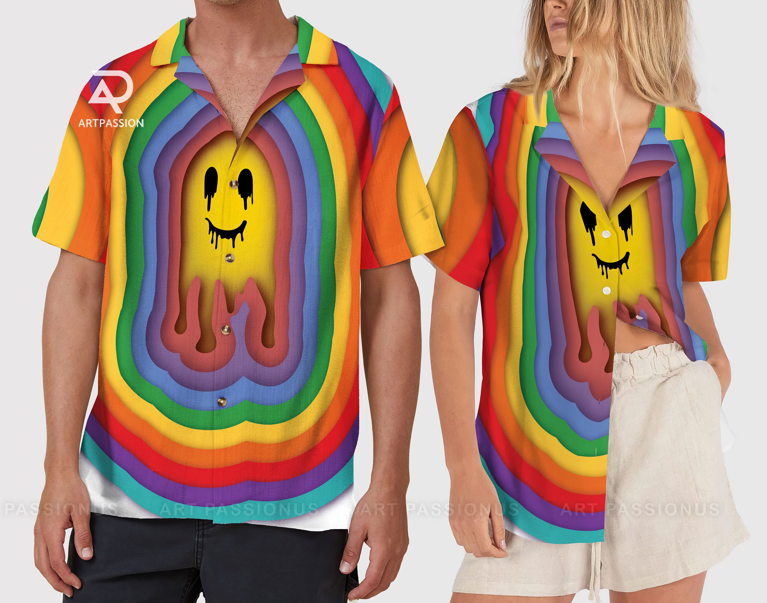 Funny Dripping Smiley Face Hawaiian Shirt, Melting Smiley Face Button ...