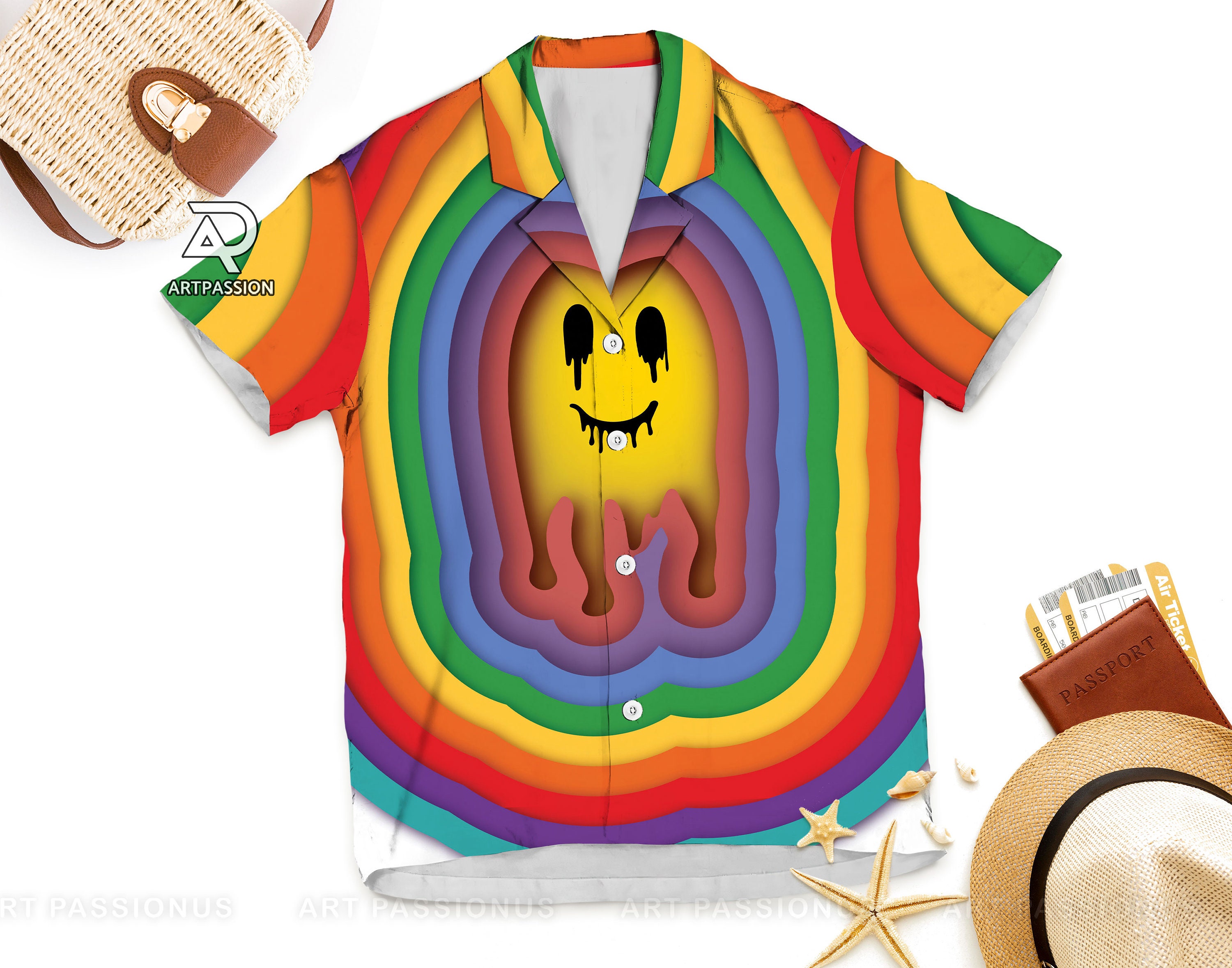 Funny Dripping Smiley Face Hawaiian Shirt, Melting Smiley Face Button ...