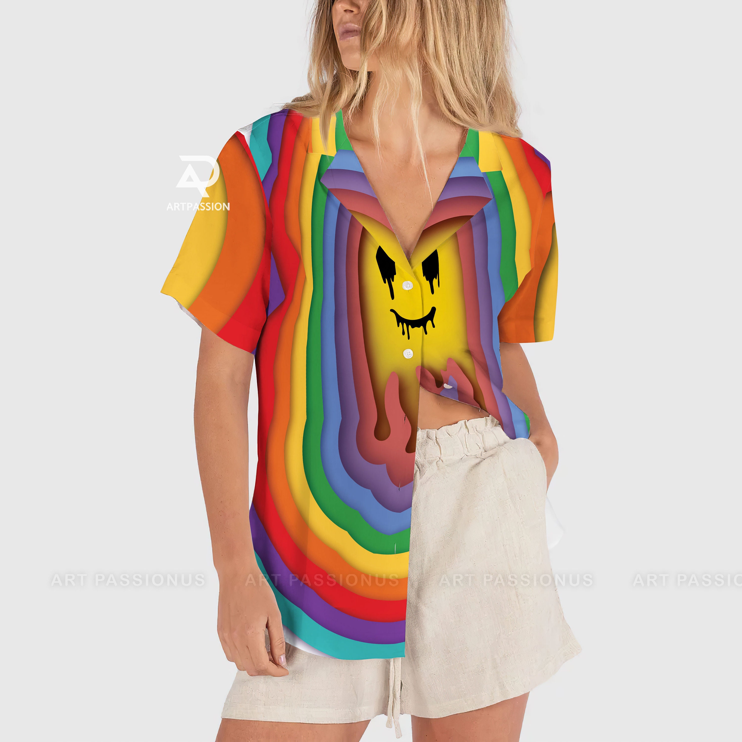 Funny Dripping Smiley Face Hawaiian Shirt, Melting Smiley Face Button ...