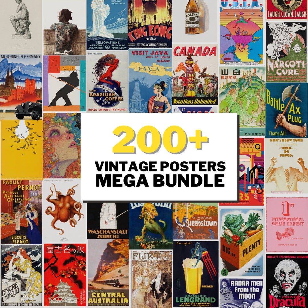 200 Vintage Posters, Eclectic Mega Bundle Grunge Room Decor, Exhibition ...