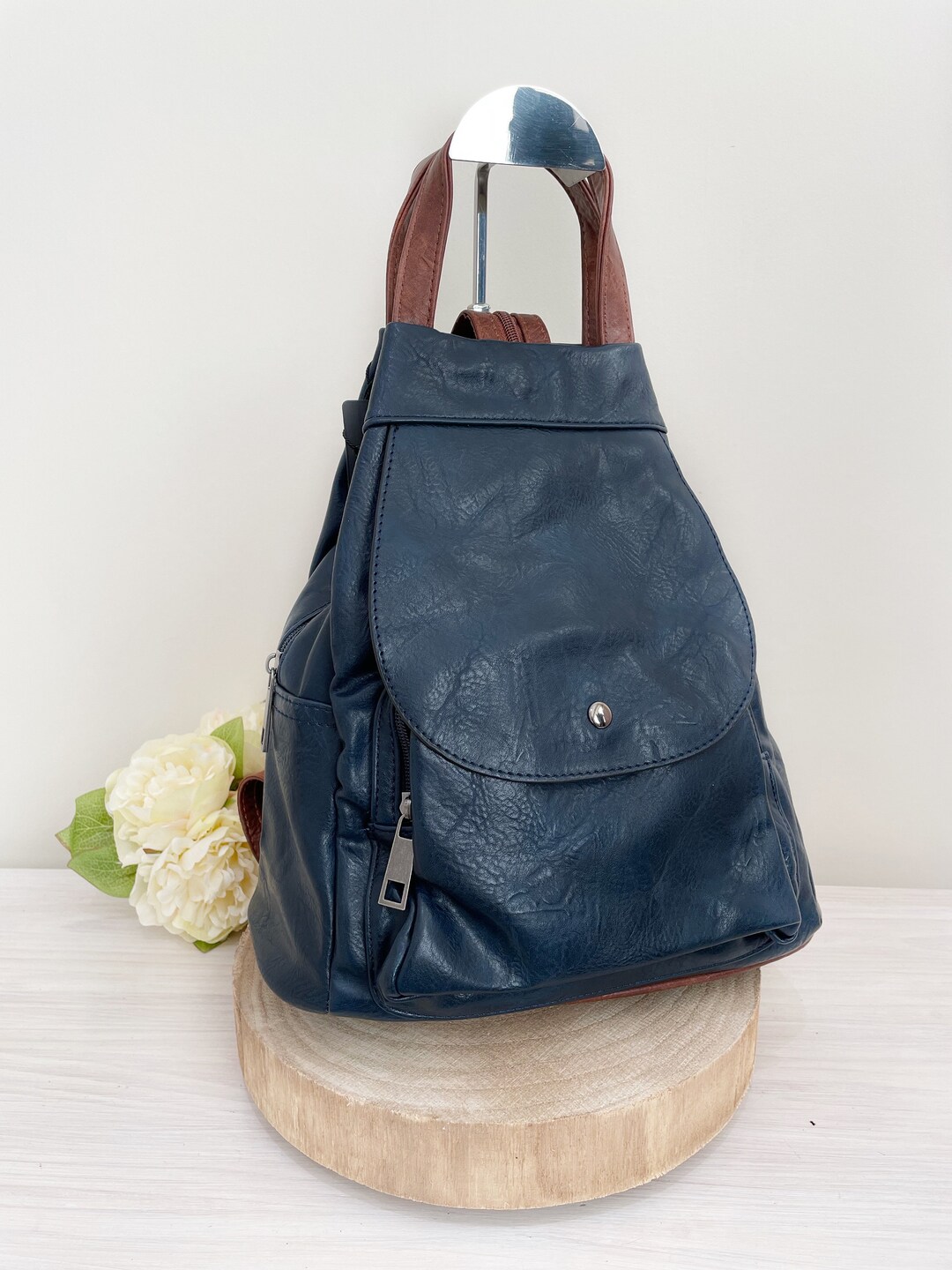Navy Rucksack Vegan Leather Backpack Large Bag Versatile Adjustable ...