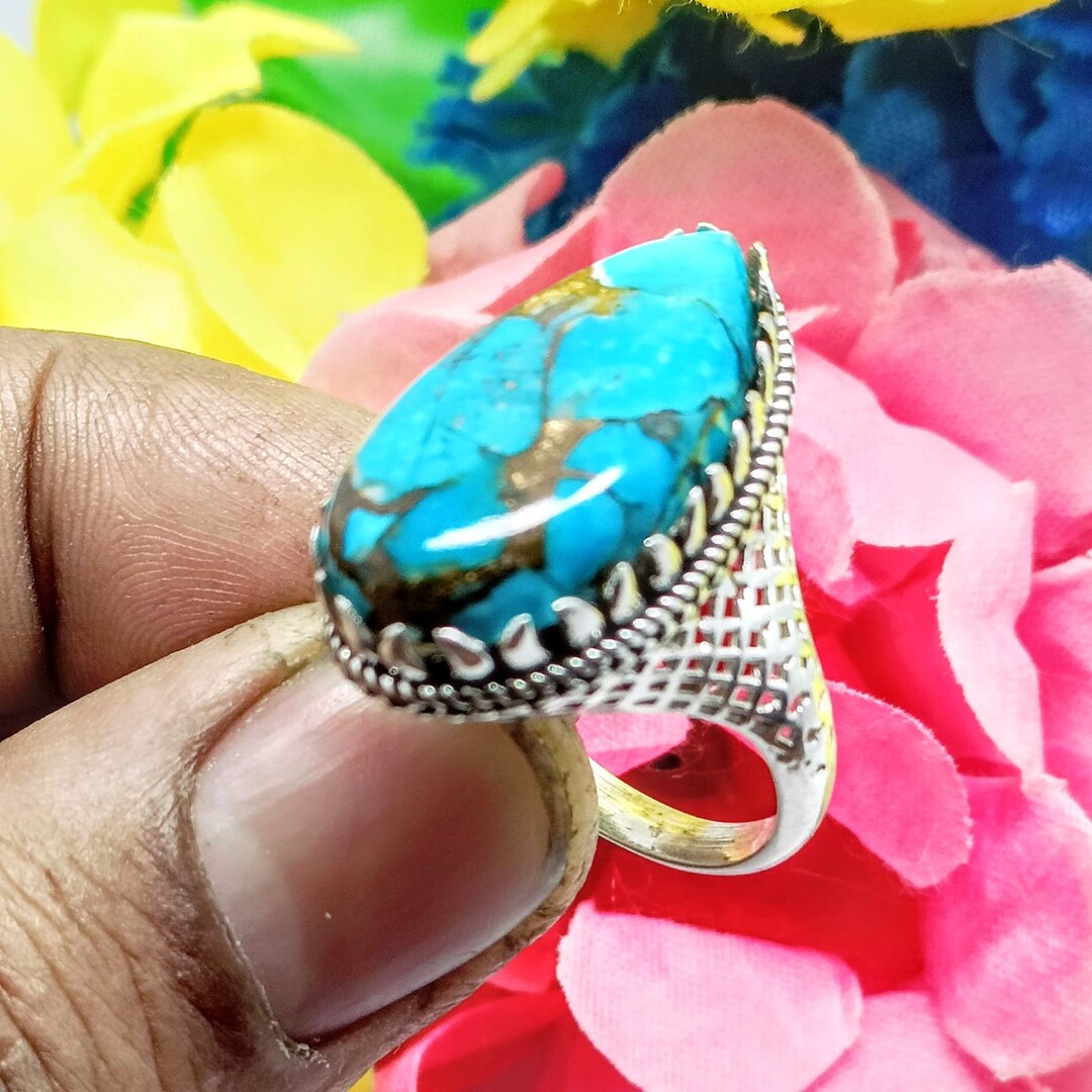 Natural Blue Copper Turquoise New Design Pear Stone Ring, 925 Sterling ...