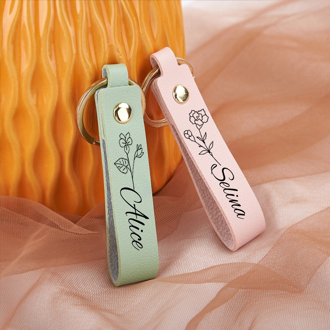 Personalized Birth Flower Keychain,leather Keychain for Her,girl Name ...