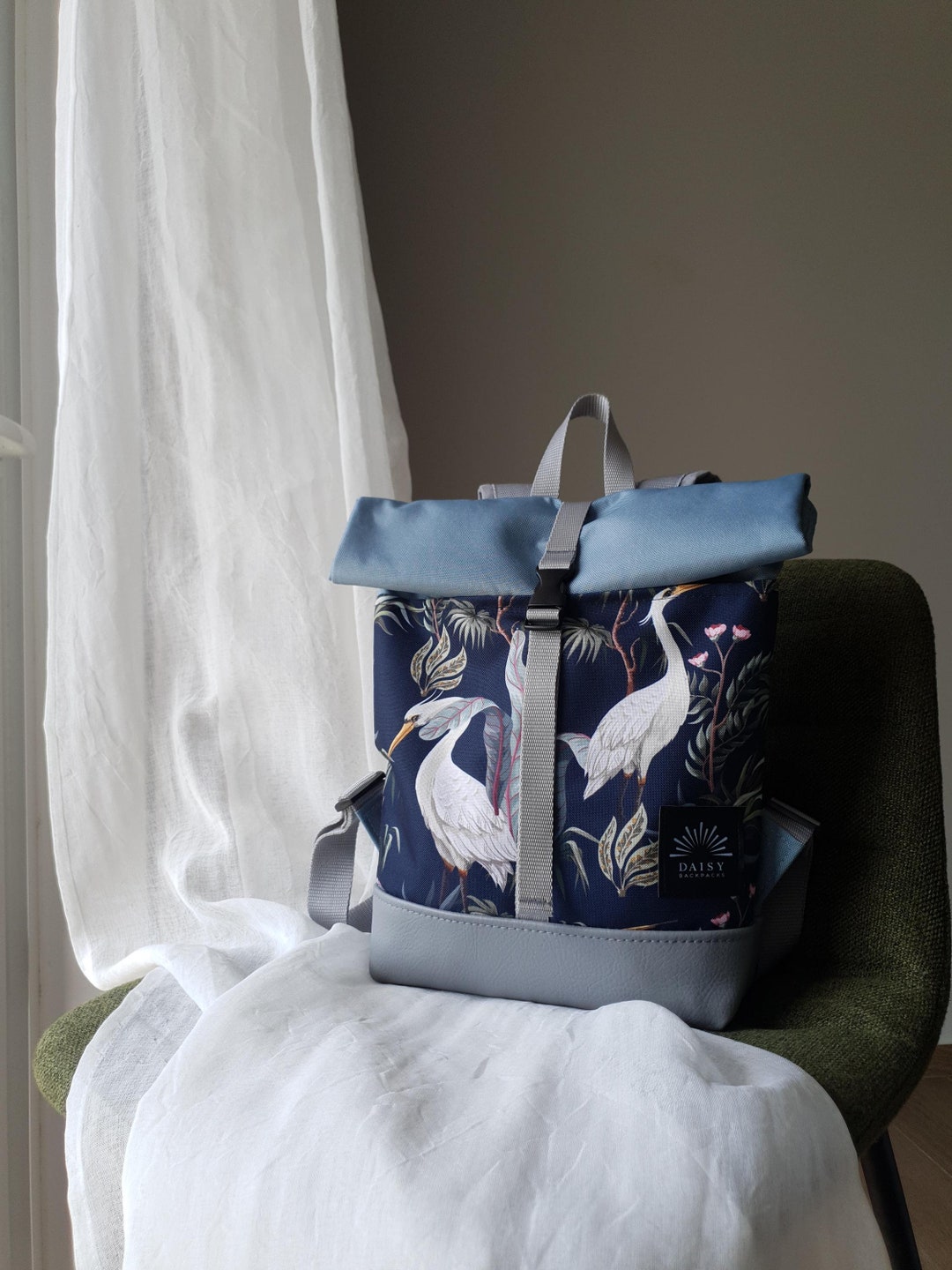 Crane Print Rolltop Backpack, Waterproof Vegan Leather Rucksack - Etsy