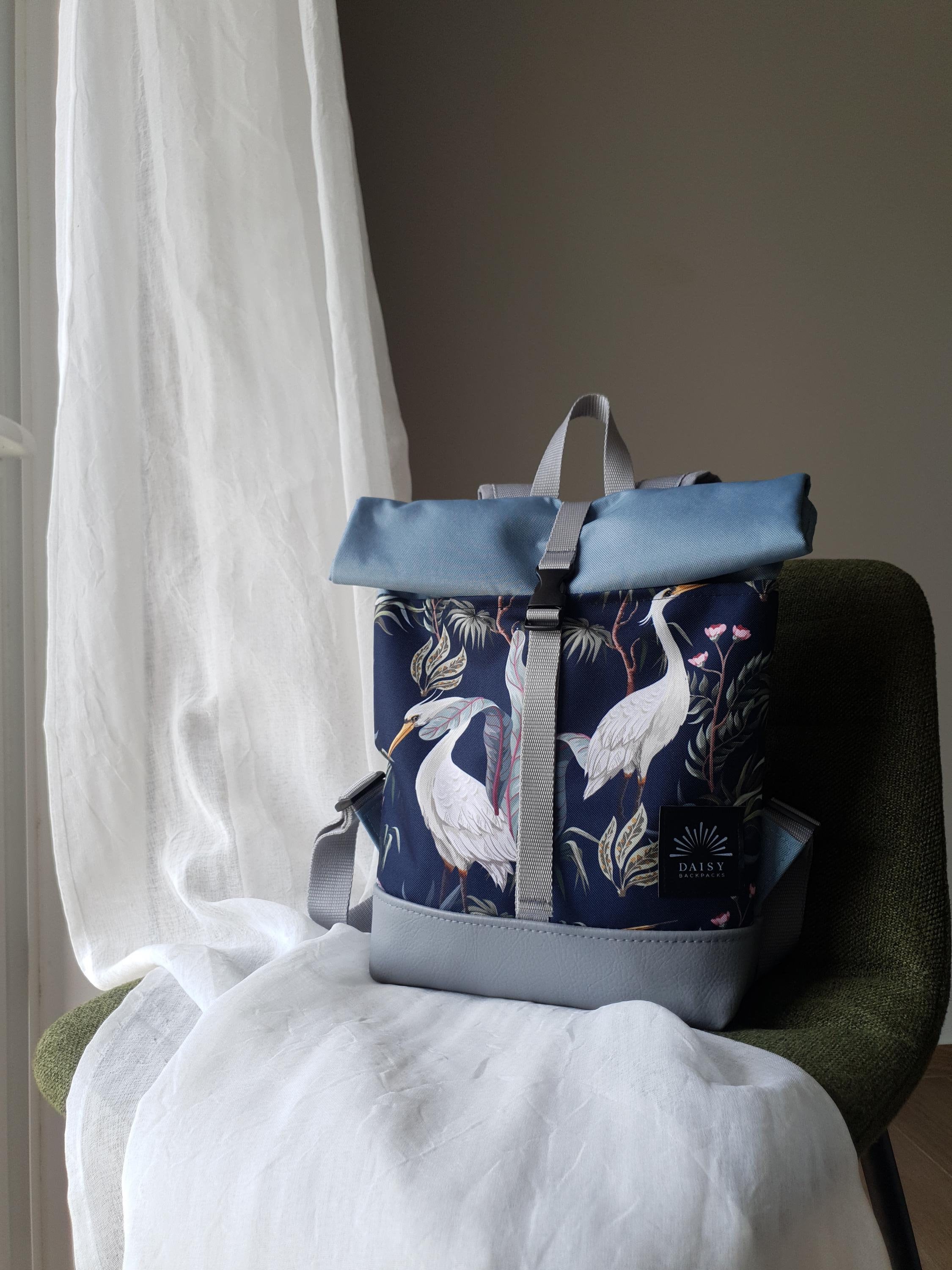 Crane Print Rolltop Backpack, Waterproof Vegan Leather Rucksack - Etsy