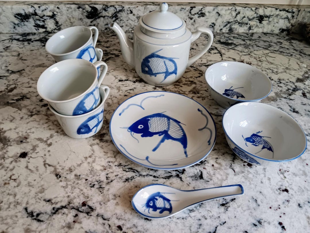 Vintage Chinese Koi Fish Tea Set | Teapot, Cups, Bowls | Asian Ceramic ...