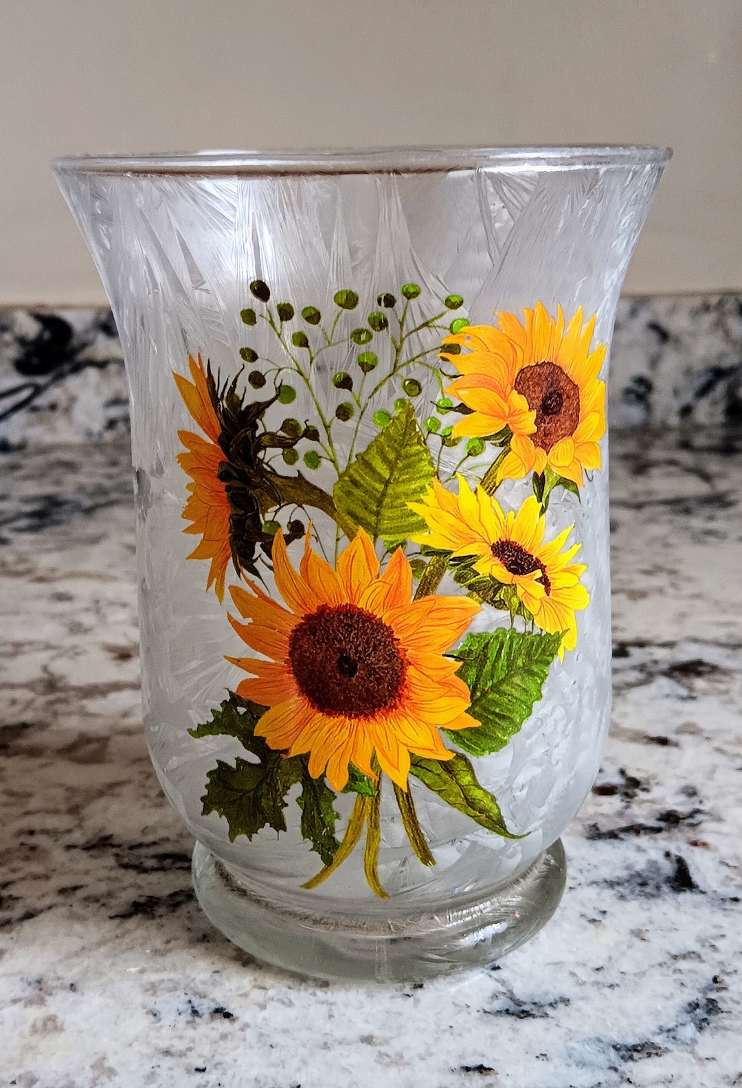 Frosted Glass Vase Handpainted Sunflowers Glass Vase Sunflower Vases ...
