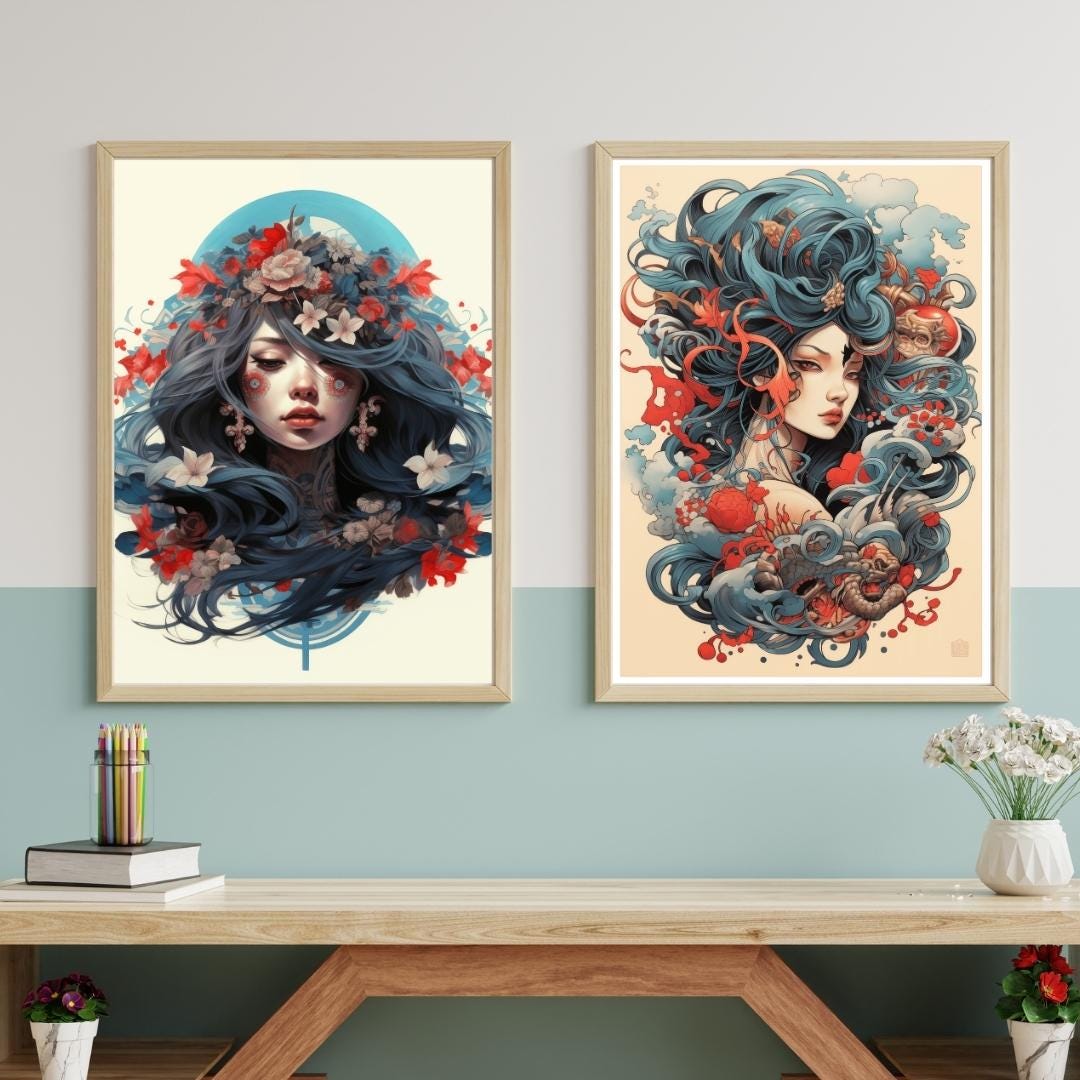 Geisha Tattoo Wall Art Set – Japanese Yakuza | Geisha Painting | Kimono ...