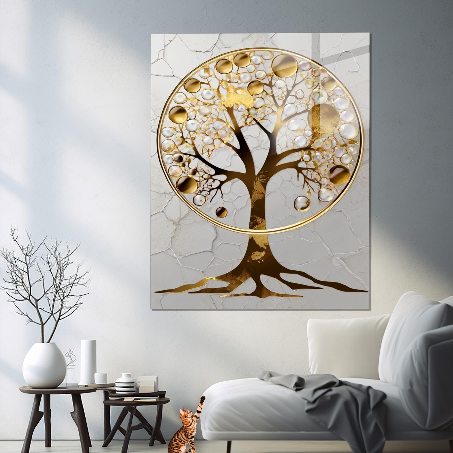 Gold Tree Glass, Gold Glass Wall Art, Tempered Glass Wall Art, Floral ...