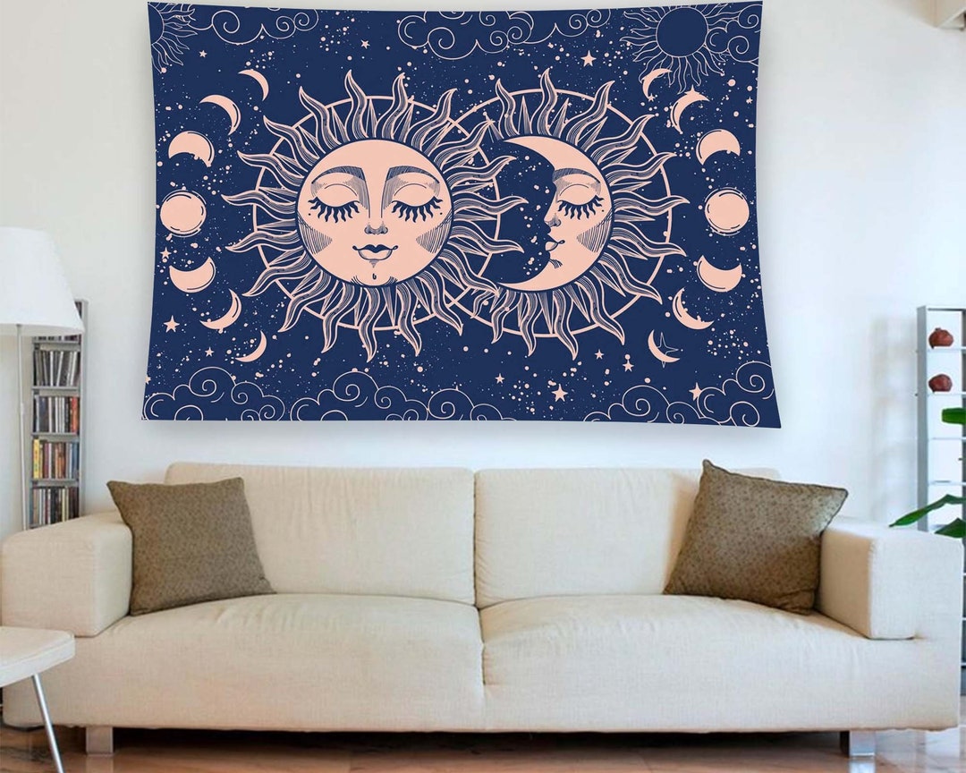 Navy Blue Tapestry, Sun and Moon Starry Tapestry Aesthetic, Tapestry ...