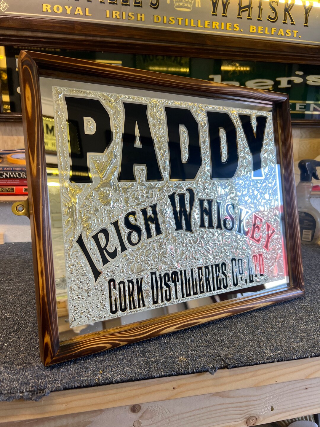 Paddy Irish Whiskey Glue Chipped , Reverse Painted Pub Mirror Sign. - Etsy