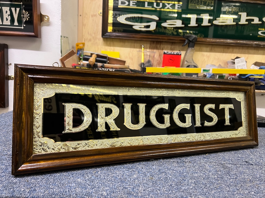 Vintage Style Reverse Painted and Glue Chipped Glass Sign Displaying ...