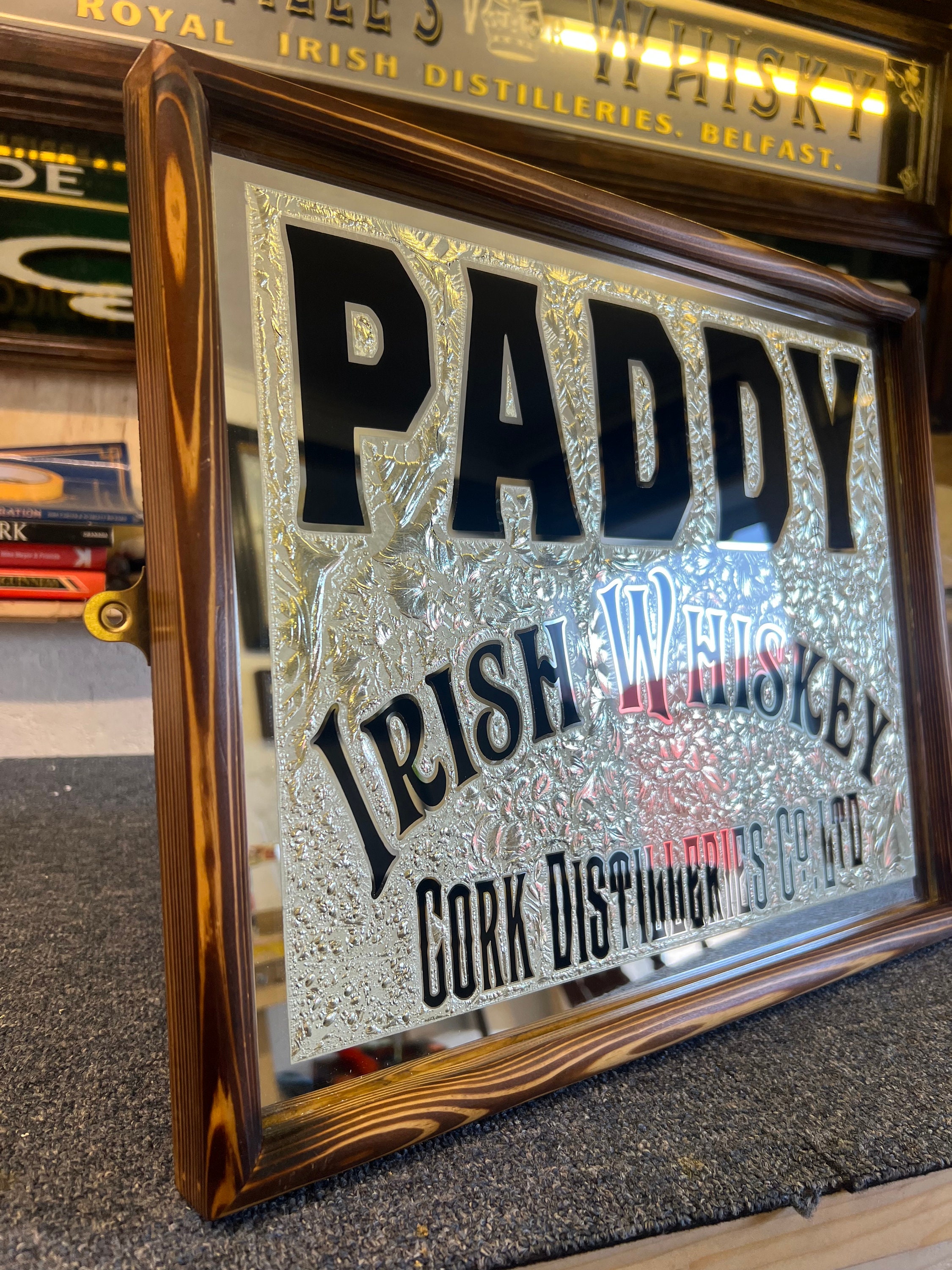 Paddy Irish Whiskey Glue Chipped , Reverse Painted Pub Mirror Sign. - Etsy