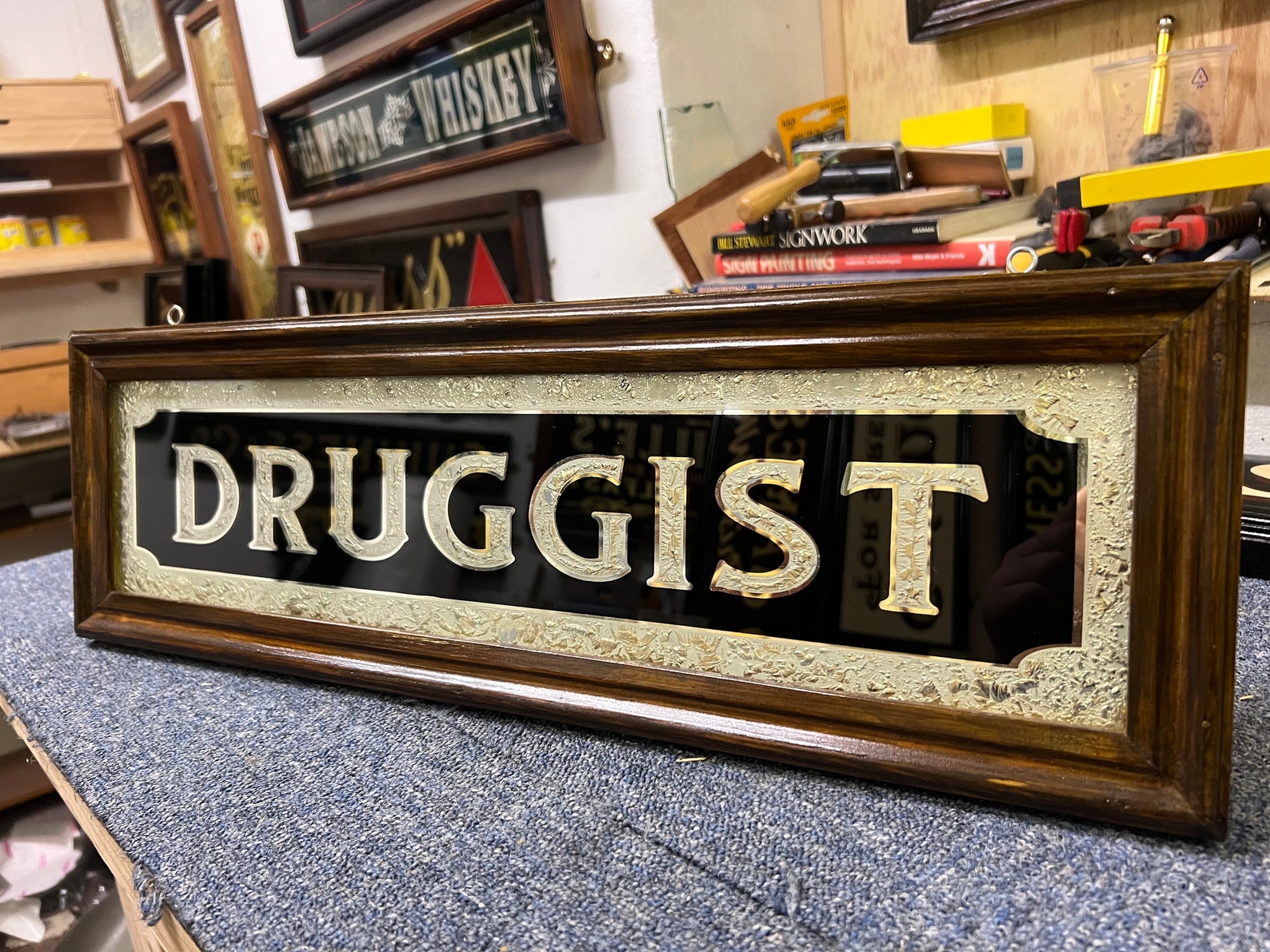 Vintage Style Reverse Painted and Glue Chipped Glass Sign Displaying ...