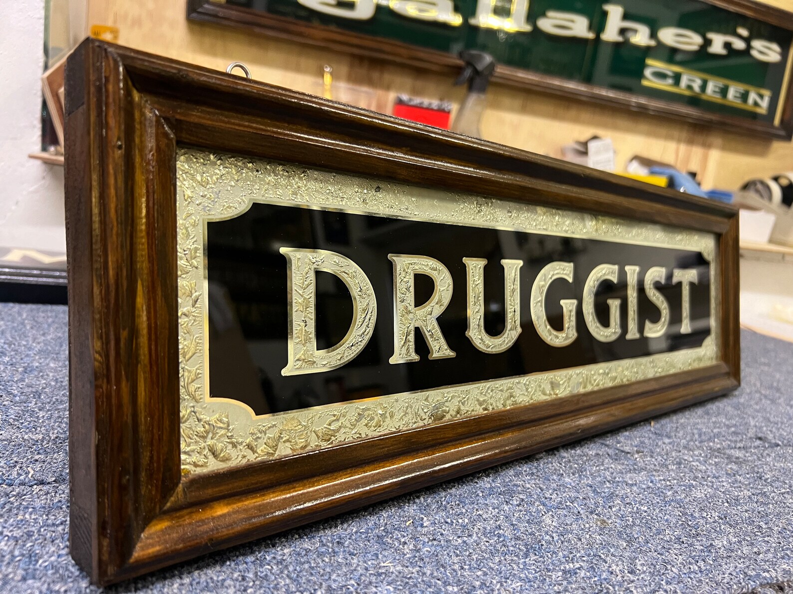 Vintage Style Reverse Painted and Glue Chipped Glass Sign Displaying ...