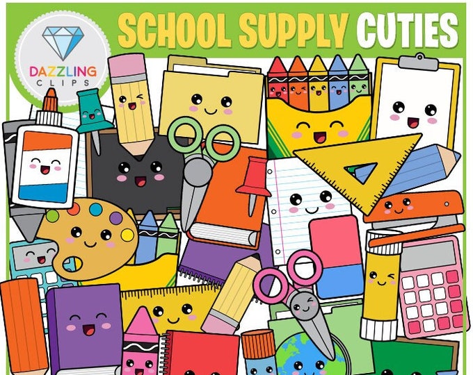 School Supply Cuties Clipart - Kawaii Clipart - Instant Download ...