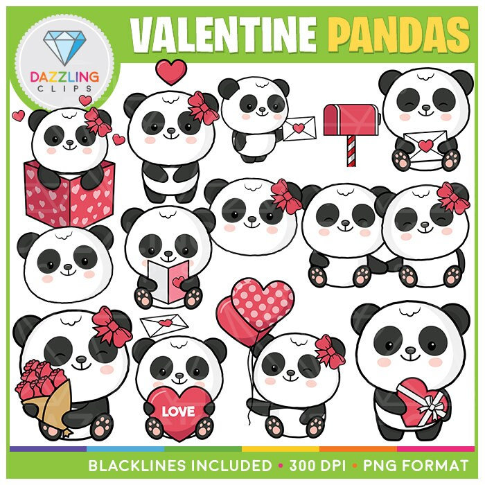 Valentine Pandas Clip Art - Kawaii Clipart - Instant Download ...