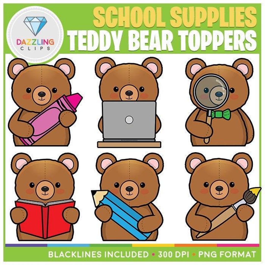 Teddy Bear School Supplies Clipart: Kawaii Educational Toppers (instant ...