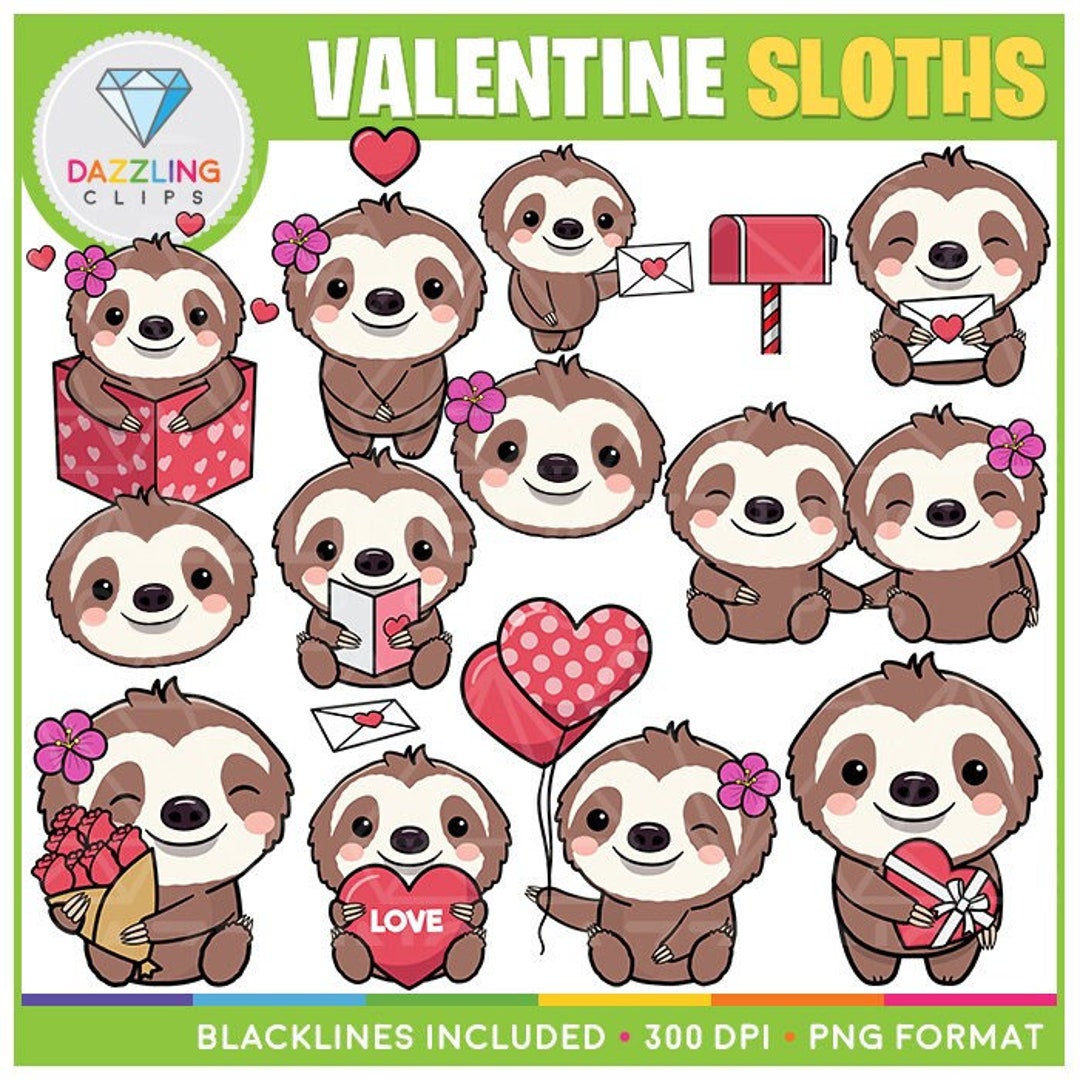 Valentine Sloths Clip Art - Kawaii Clipart - Instant Download ...