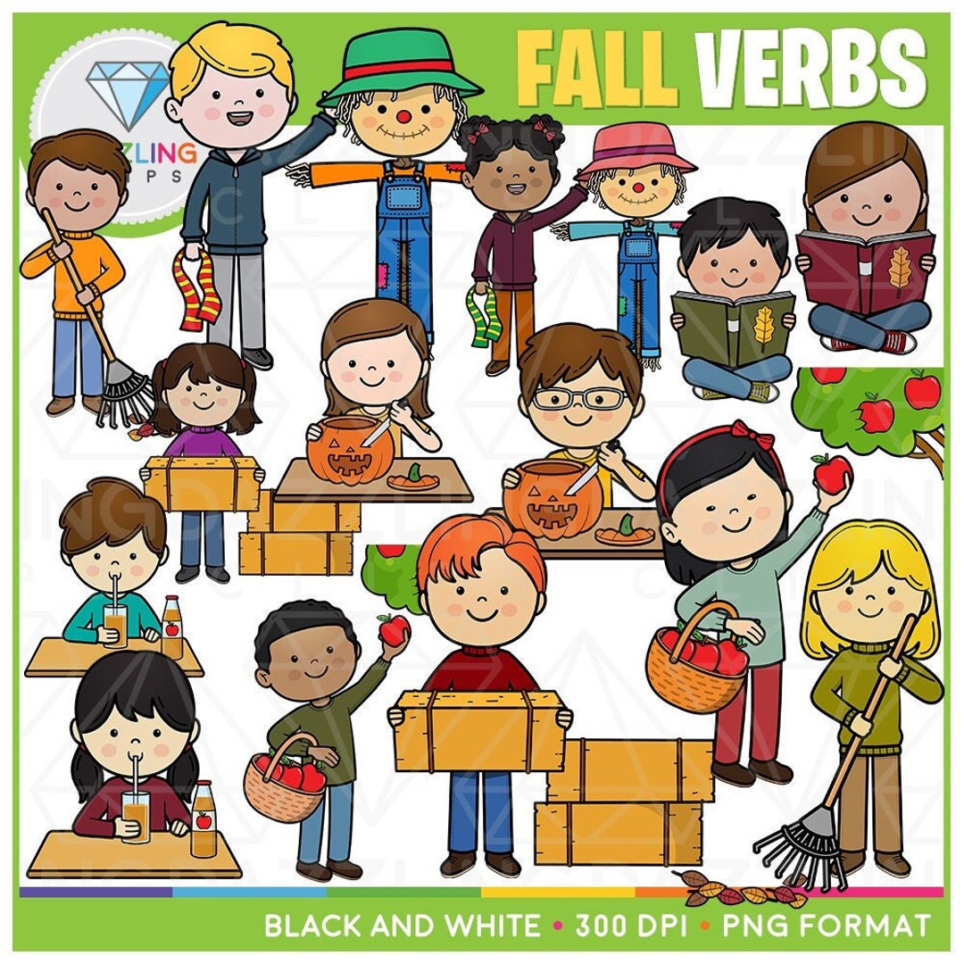 Fall Verbs Clipart: Autumn Activities, English Vocabulary (instant ...