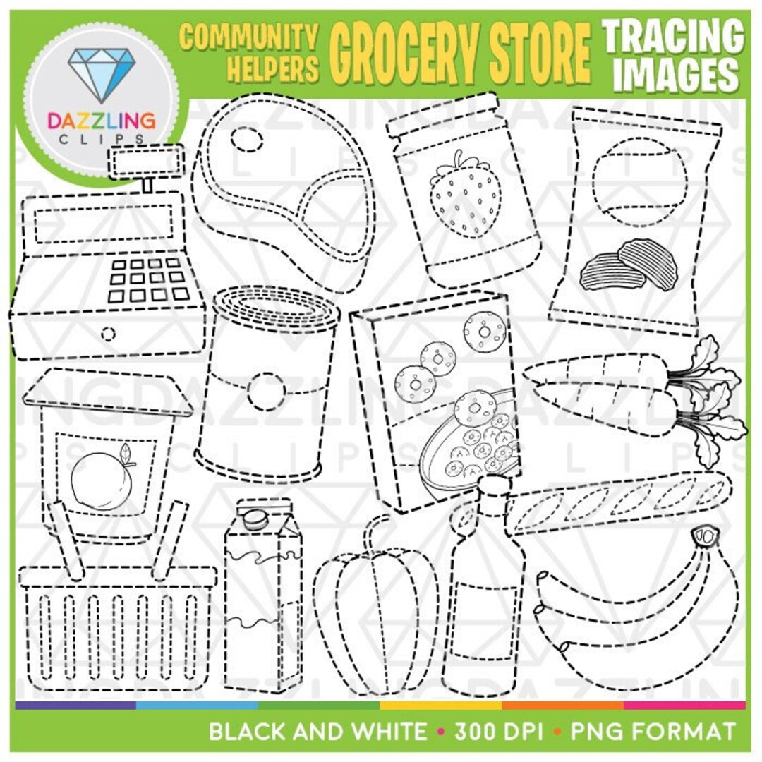 Community Helpers: Grocery Store Tracing Images Clip Art - Instant ...