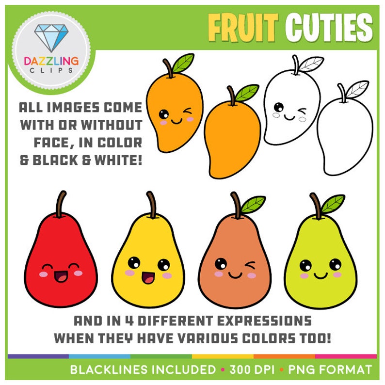 Fruit Cuties Clipart - Kawaii Clipart - Instant Download - Food - Apple ...