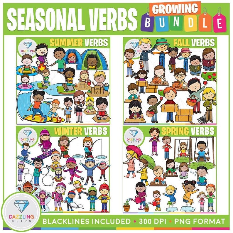 Seasonal Verbs Clipart Bundle: Educational English Vocabulary (instant ...