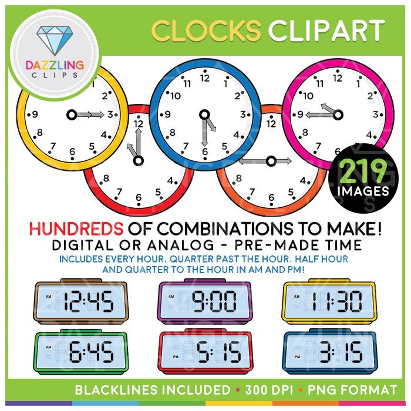 Digital and Analog Clock Clipart - Instant Download - Educational ...
