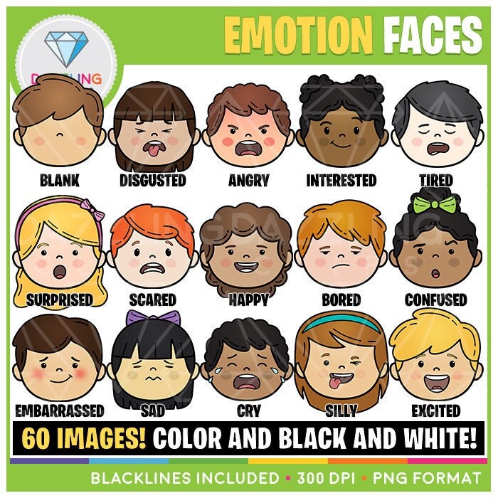 Emotions Kids Faces Clip Art - Clipart - Instant Download - Educational ...