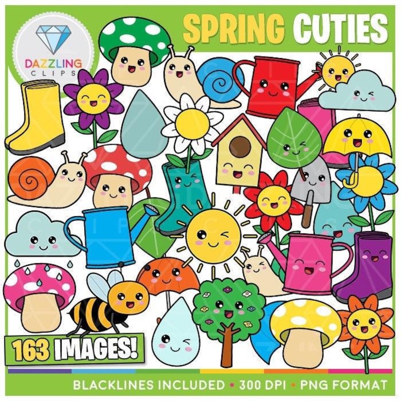 Kawaii Spring Clipart: Bee, Flower, Snail (163 Images) (digital ...