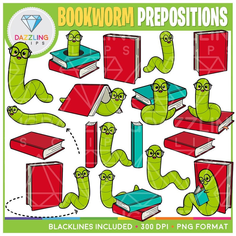 Bookworm and Book Prepositions / Positional Word Clipart - Prepositions ...