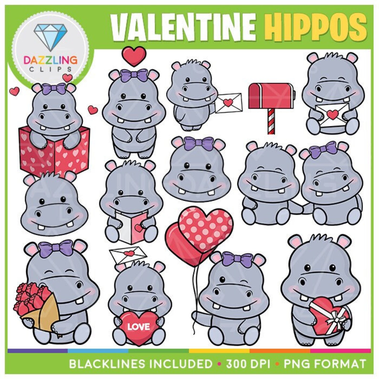 Valentine Hippos Clip Art Kawaii Clipart Instant Download Valentine ...