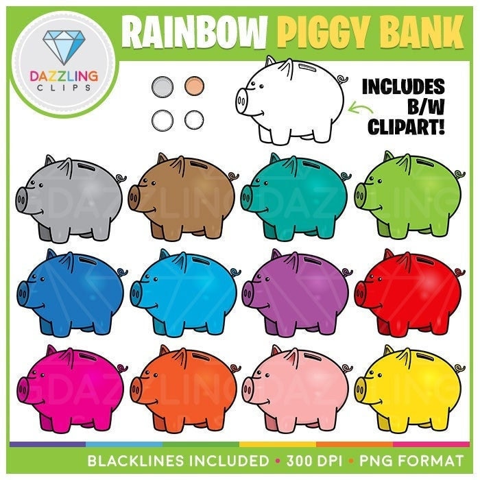 Rainbow Piggy Bank Clip Art - Cute Clipart - Instant Download - Back to ...
