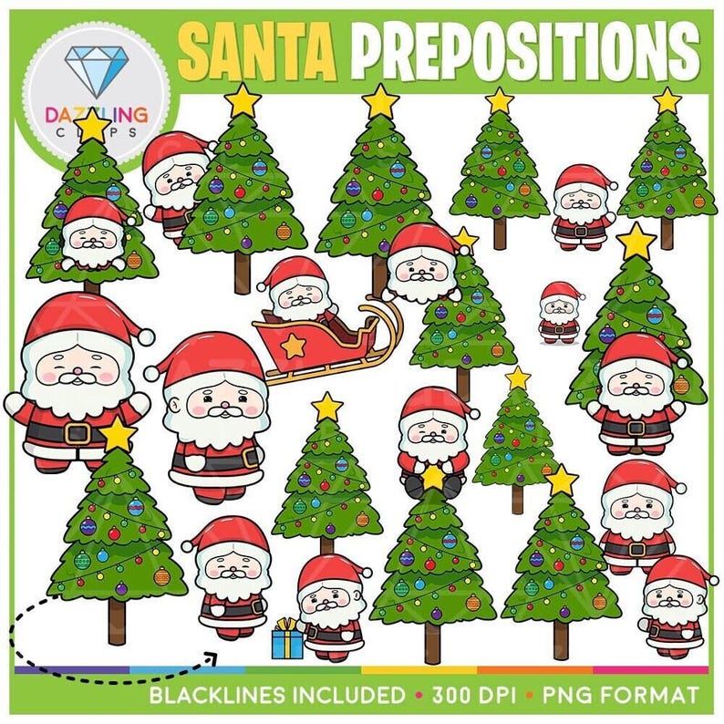 Santa & Christmas Tree Prepositions Clipart: Positional Words (instant ...