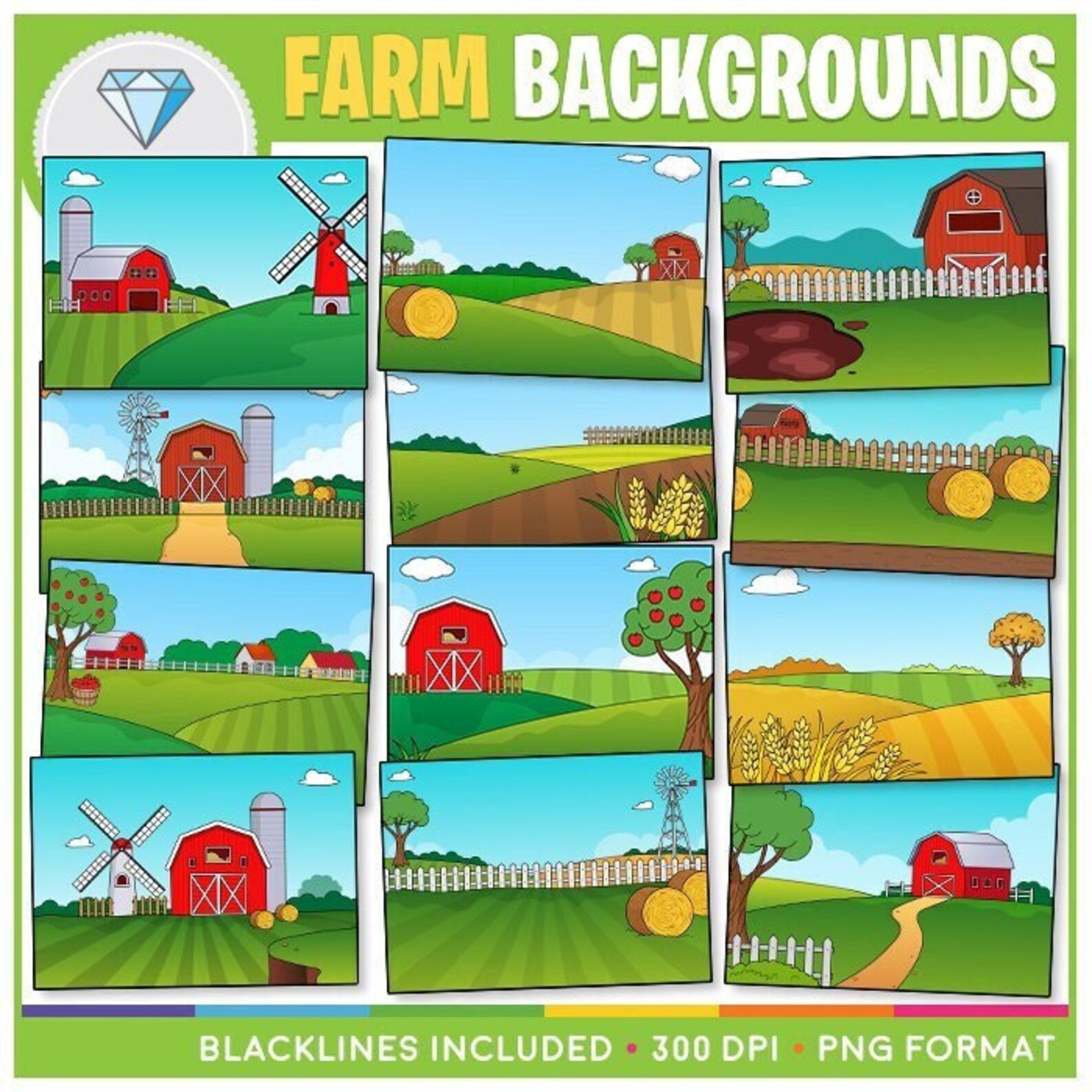 Farm Backgrounds Clip Art for BOOM CARDS, Powerpoint and Slides Cute ...