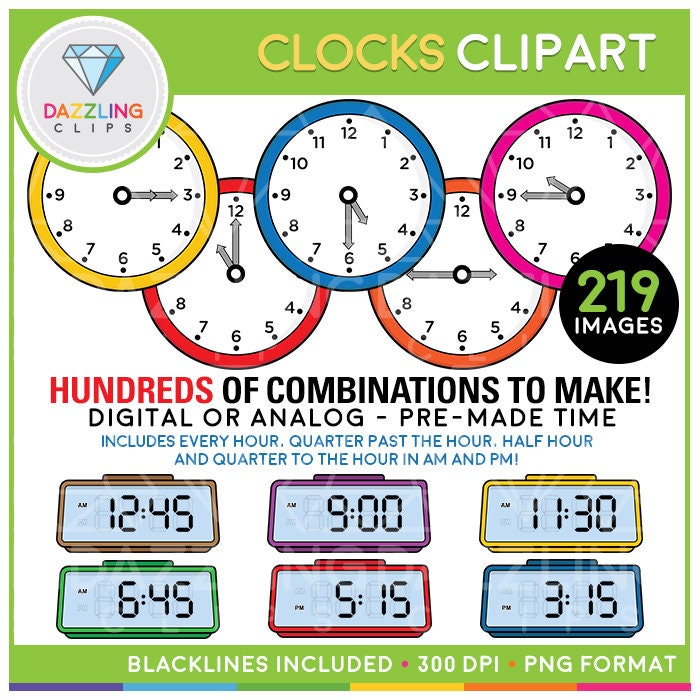 Digital and Analog Clock Clipart - Instant Download - Educational ...