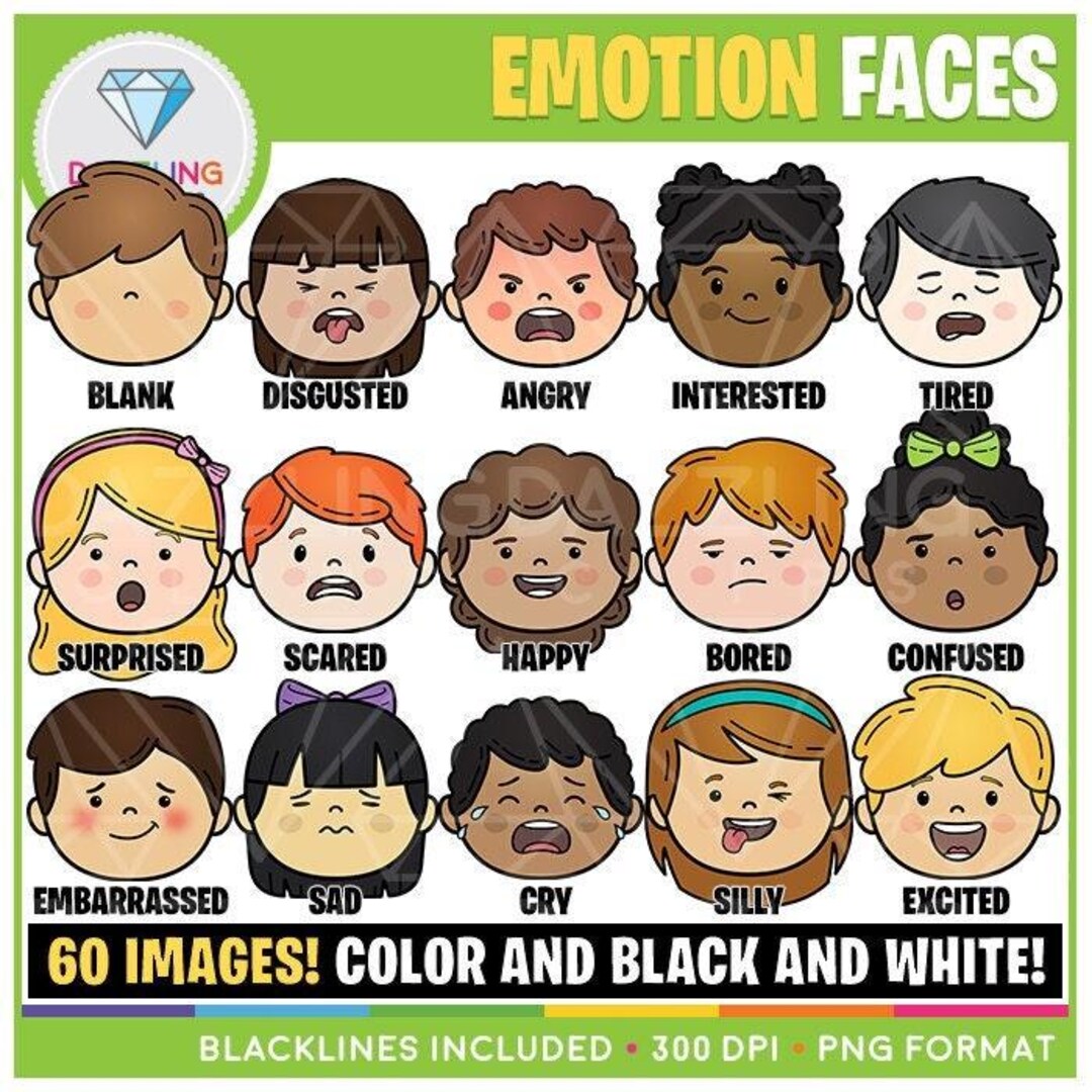 Emotions Kids Faces Clipart: Educational Illustrations (instant ...