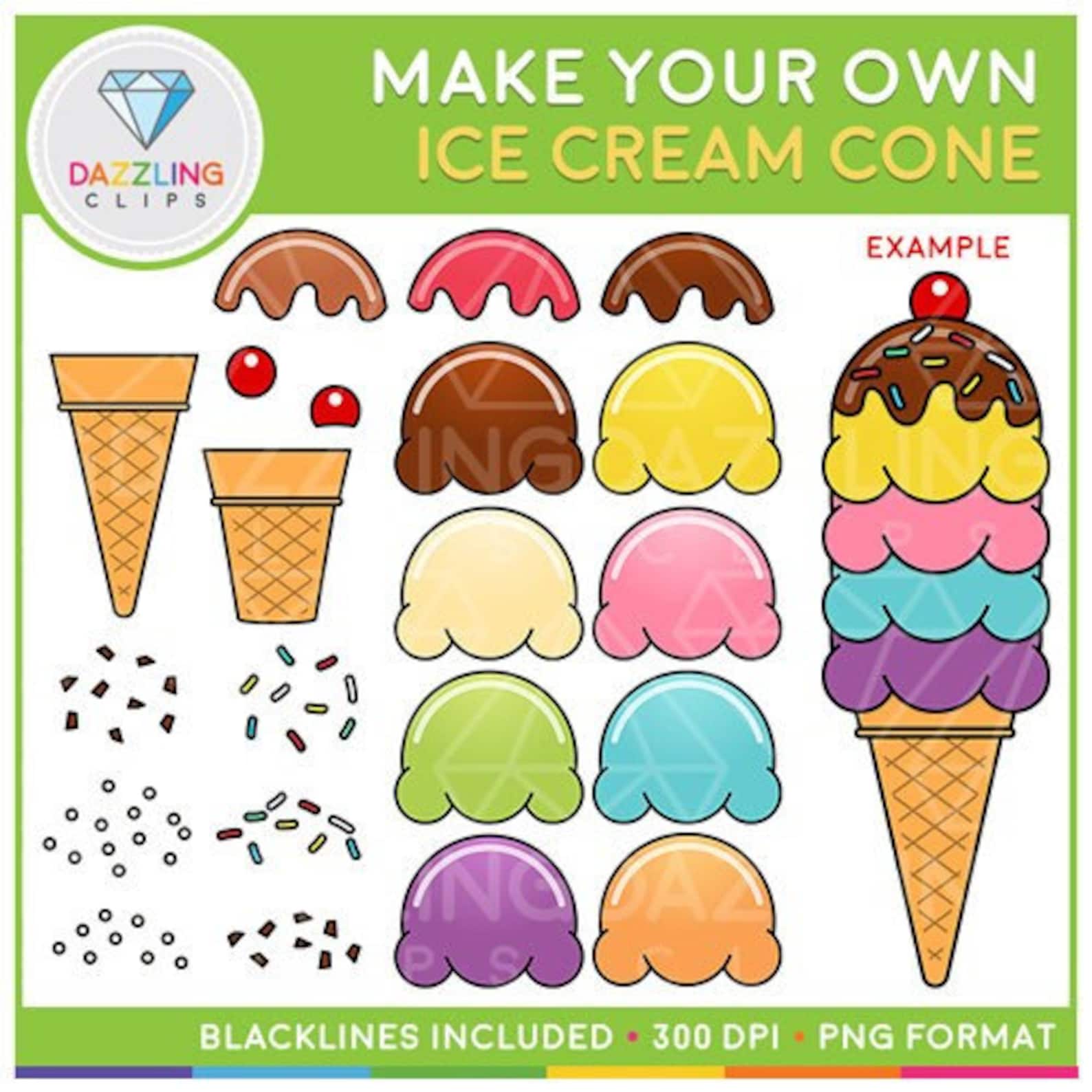 Ice Cream Clipart: DIY Cones, Scoops & Toppings (digital Download) - Etsy