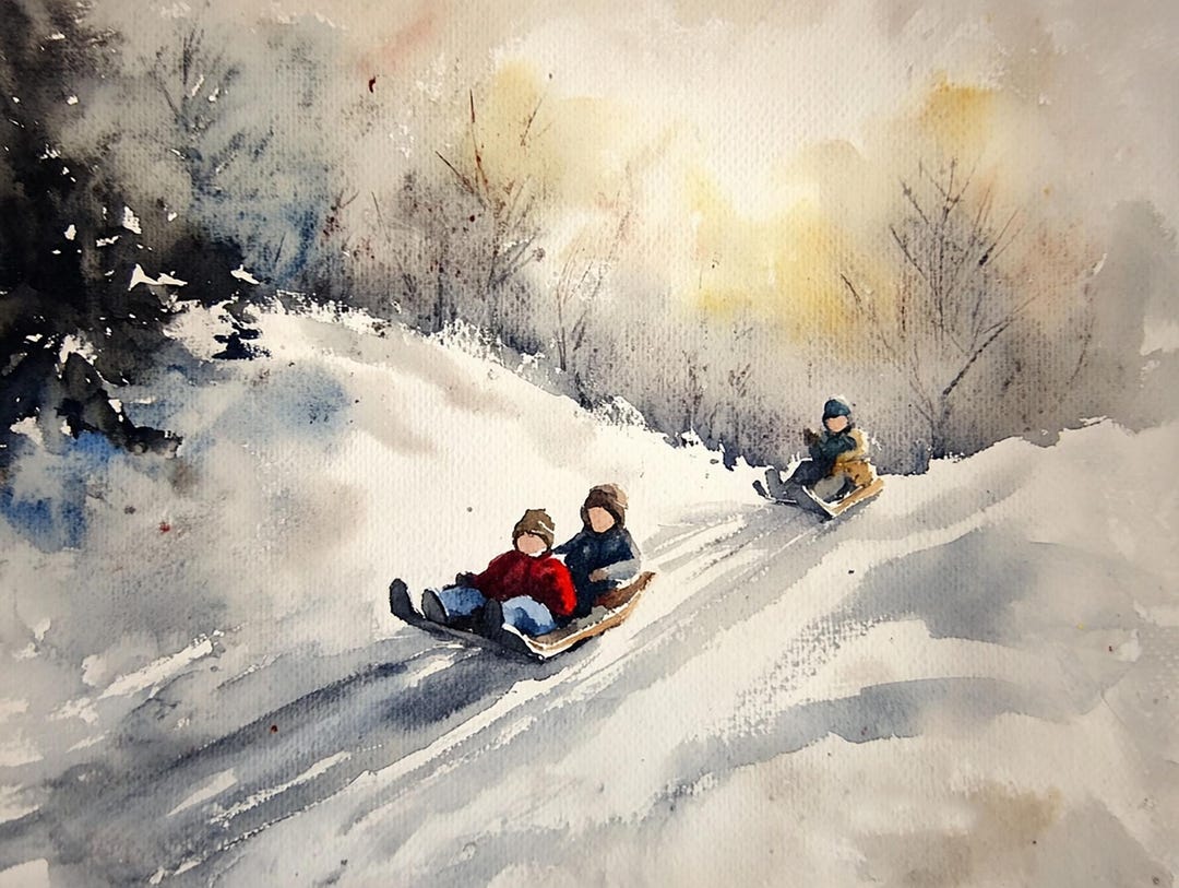 Christmas Painting Children Sledding Art Winter Forest Landscape Print ...