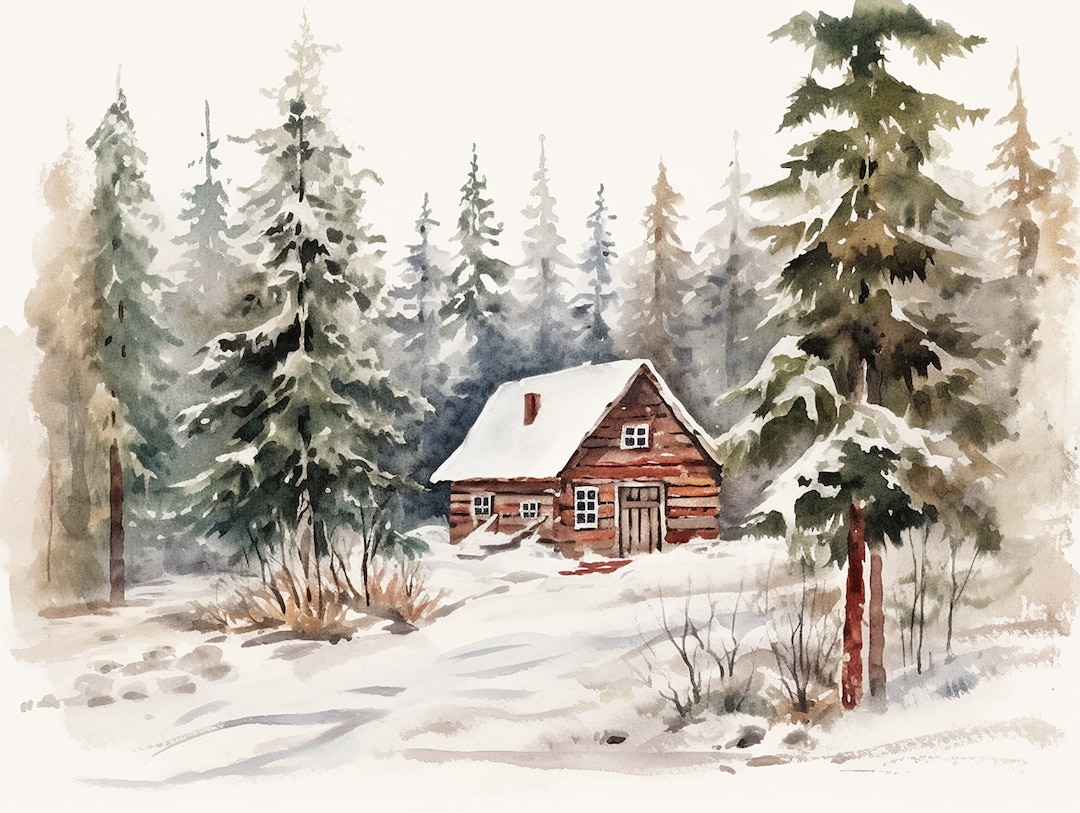 Winter Cabin Print Snow Scene Watercolor Painting Snowy Forest Wall Art ...