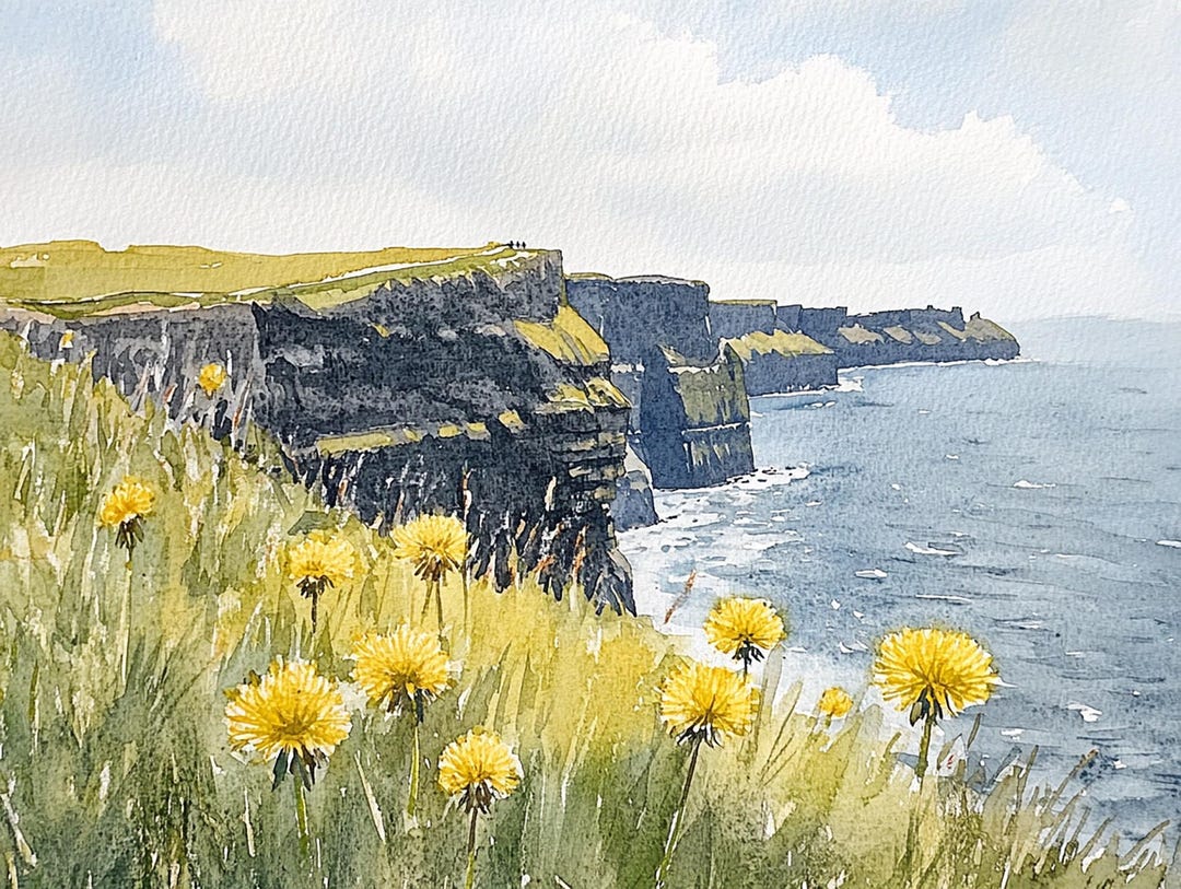 Cliffs of Moher Painting Dandelions Watercolor Print Emerald Isle Wall ...