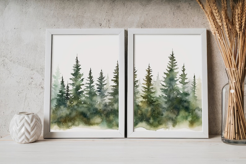 Evergreen Forest Set of 2 Art Prints Abstract Pine Watercolor Painting ...