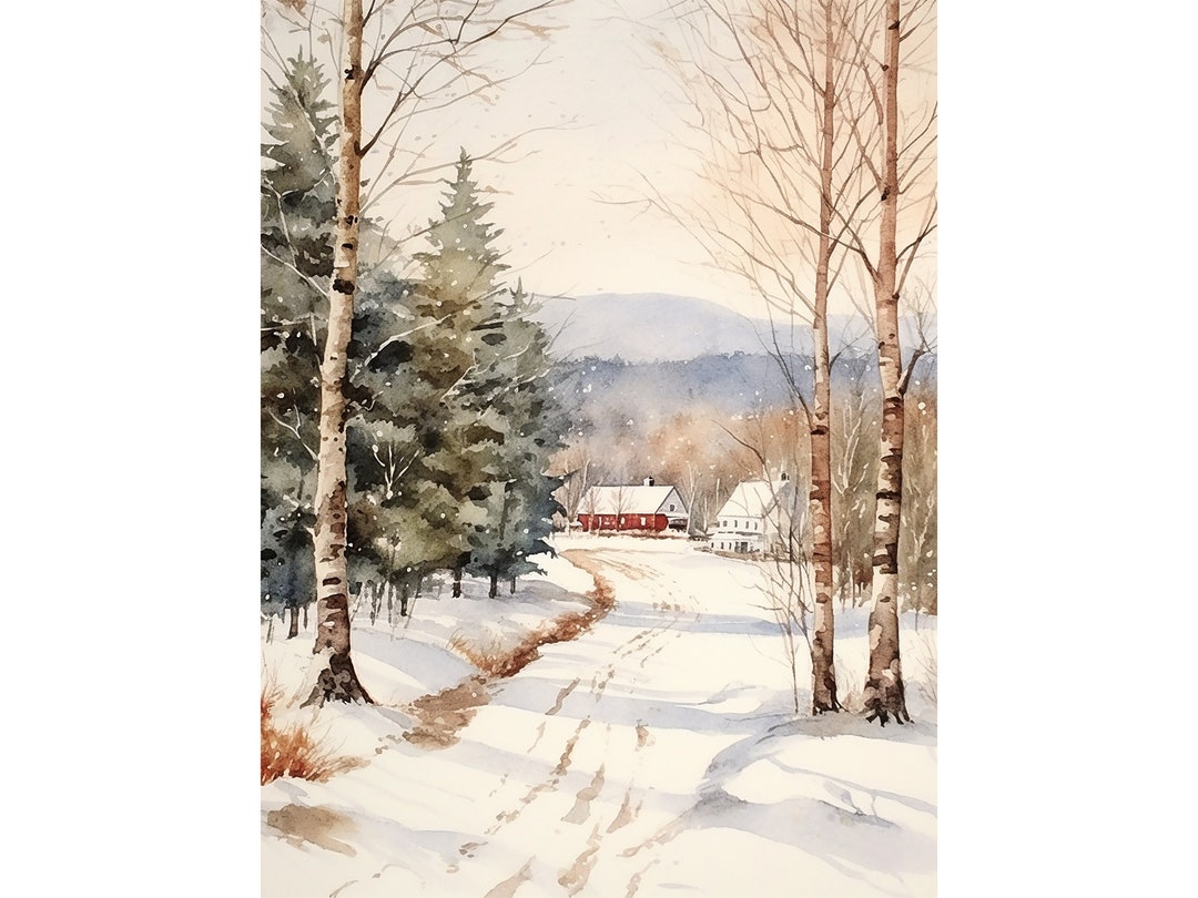 New England Painting Winter Scene Watercolor Farm Landscape Farmhouse ...