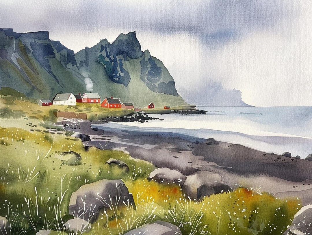 Town of Vik Painting Iceland Watercolor Art Print Summer Landscape Wall ...