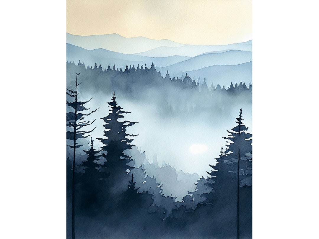 Blue Ridge Painting Mountains Watercolor Art Print Misty Forest Wall ...