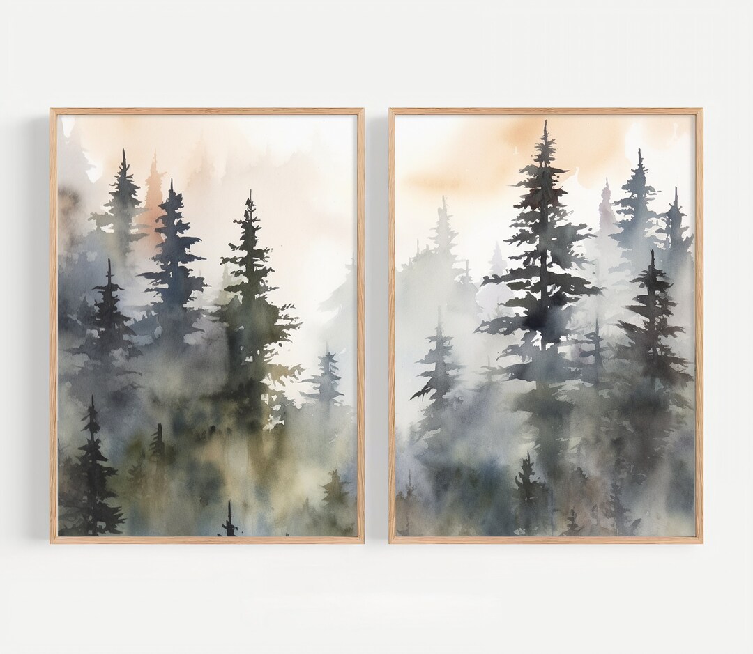 Pine Tree Wall Art Set of 2 Forest Watercolor Painting Evergreen Tree ...