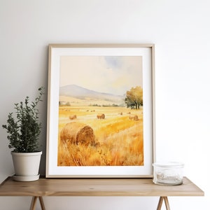 Haystacks Watercolor Painting Farmhouse Art Print Hay Field Landscape ...
