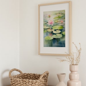 Lotus Painting Pond Watercolor Art Print Water Lily Flower Wall Art ...